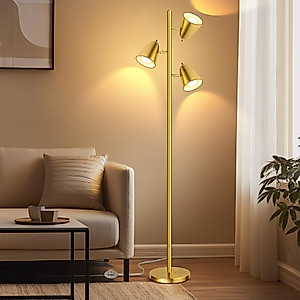 QiMH Tree Floor Lamp with 3 Light Bulbs, Standing Tall Pole Lamps for Living Room Bedroom Office, Reading Stand up Lamps with 3 Adjustable Arms, Brushed Gold
