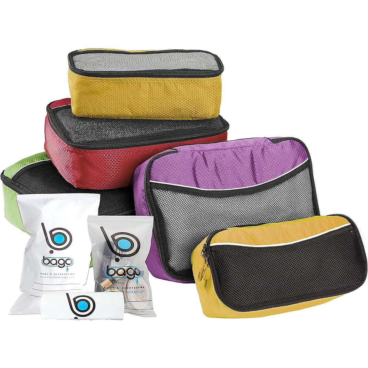 bago 8 Pcs Packing Cubes for Suitcases - 5 Travel Cubes with 3 ZipLock Bags - Luggage Organizer Bags to Get Maximum Storage, Save Time & Effort to Pack - Happy Traveling (Green Red Purple Yellow)