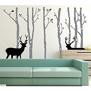 Birch Tree Deer Wall Decal Nursery Forest Removable Birch Trees Vinyl Sticker for Kids Bedroom Decor Nursery Bedroom (Grey)