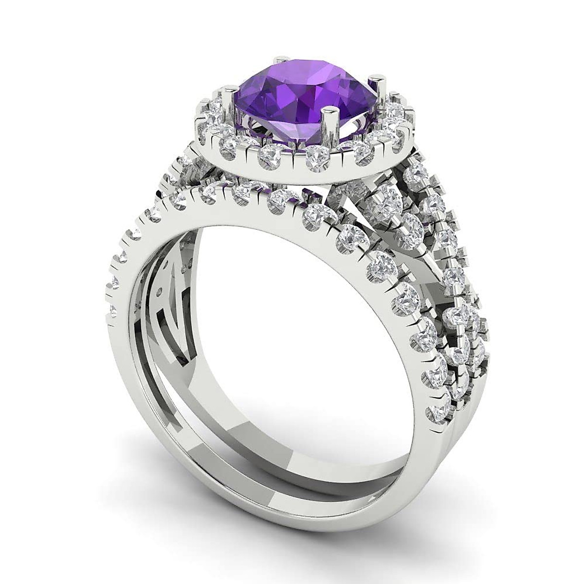 Clara Pucci 2.34 carat Round Shape Halo Solitaire Natural Amethyst Engagement Wedding Anniversary Bridal Ring band set 14k White Gold 6.5