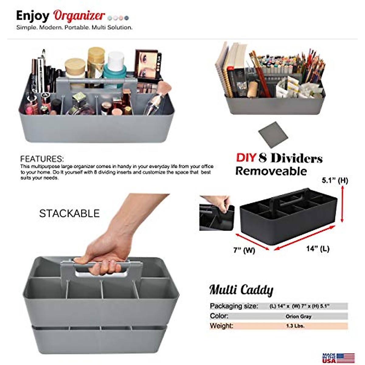 Enjoy Organizer 2 PACK - Portable DIY 8 Dividers Durable Plastic Tote Tool & Supply Cleaning Caddy with Handle Made In USA (Orion Gray)