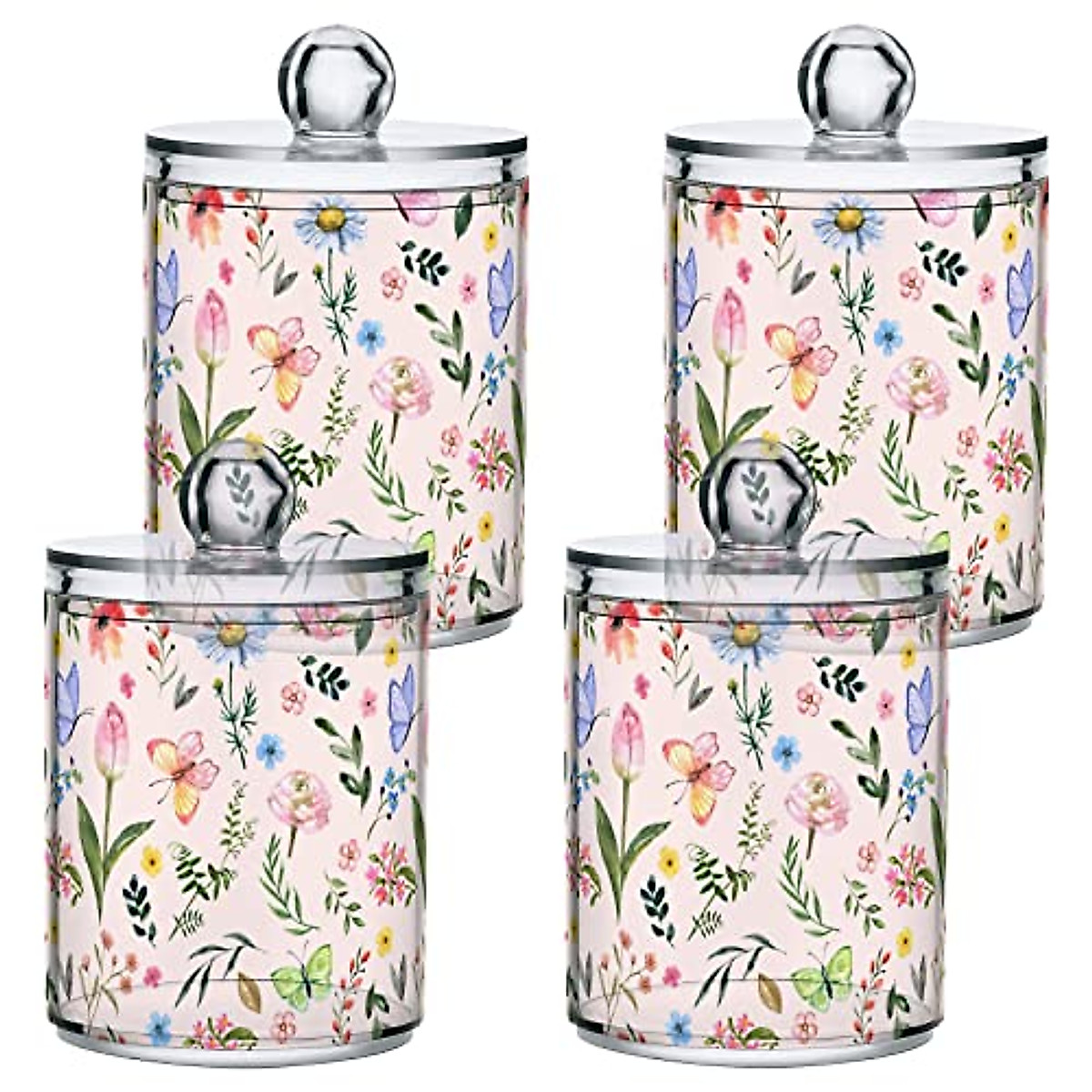 MNSRUU 2 Pack Qtip Holder Organizer Dispenser Spring Wildflowers and Leaf Bathroom Storage Canister Cotton Ball Holder Bathroom Containers for Cotton Swabs/Pads/Floss