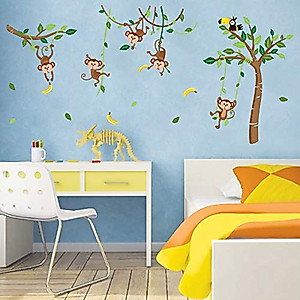 Runtoo Monkey and Tree Wall Decals Animals Jungle Wall Stickers TV Wall Décor for Baby Nursery Kids Bedroom