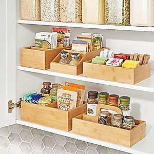 mDesign Bamboo Wood Food Storage Bin with Divided 3 Compartments and Sloped Front for Kitchen Cabinet, Pantry, Shelf to Organize Seasoning Packets, Powder Mixes, Spices, Snacks - Natural