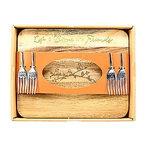 Pavilion Gift Company Life is Better with Friends Birds 7 x 9 Inch Cutting Cheese Board, Set of 4 Forks with Debossed Text, 9", Brown