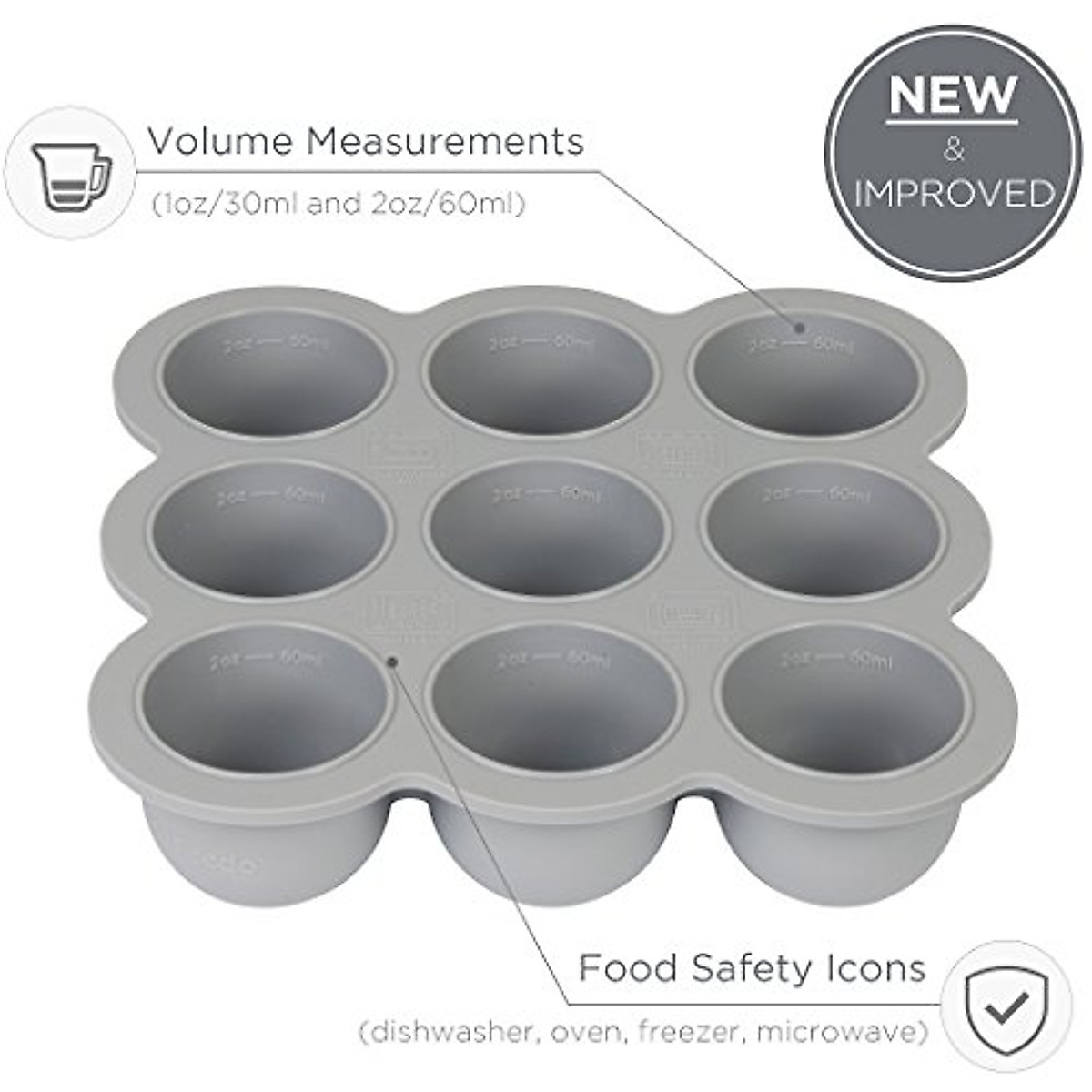 KIDDO FEEDO Multipurpose Tray for Freezing Baby Food, Herbs and Ice Cubes. Also Baking Mold for Egg Bites, Muffins and Frittatas - Free E-book by Author/Dietitian - Gray