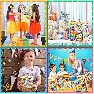 JULBEAR 180Pcs Cellophane Treat Bags, Rainbow Candy Goodie Cello Bag with 200Pcs Twist Ties for Kids Party Favor Supplies (4 Styles)