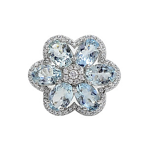 March Birthstone Natural 7X5 MM Oval Cut Aquamarine & Small White Topaz Gemstone 925 Sterling Silver Cluster Ring Wedding Jewelry Women Ring Gift For Her (Rhodium Plated Silver, 7)