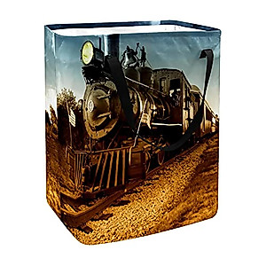 Vintage Train Steam Locomotive Laundry Basket Large Cloth Organizer Bag Basket Foldable Laundry Hamper with Handles