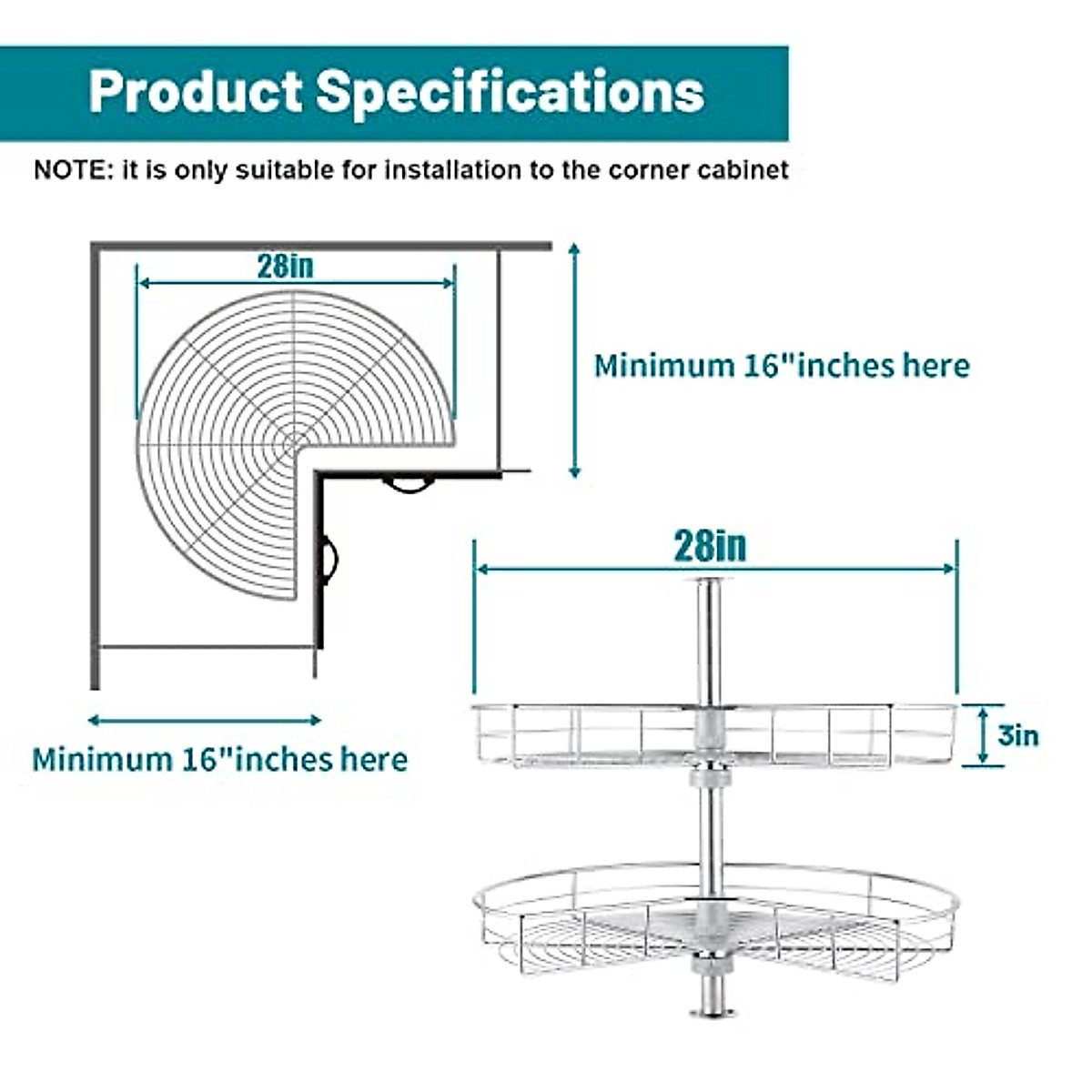 CLLVGOKD Kidney Chrome Lazy Susan, 28 Inch Lazy Susan Blind Corner Cabinet, 360° Rotating Corner Cabinet Lazy Susan, 2 Tier Adjustable Height, Lazy Susan Organizer for Cabinet Space Saving