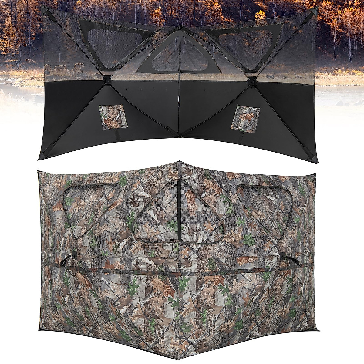 HAPPYGRILL Hunting Blind 2-Panel Pop Up Ground Hunting Blind with 3 Shoot Through Ports, Camo Concealment, Brush-in Loops, High Wind Stability, Easy-Setup Hunting Fence for Deer Turkey