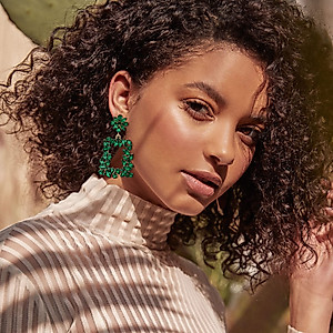 BriLove St.Patrick's Day Earrings Art Deco Sparkly Rhinestone Marquise Rectangle Flower Statement Dangle Earrings for Women Emerald Color Gold-Tone