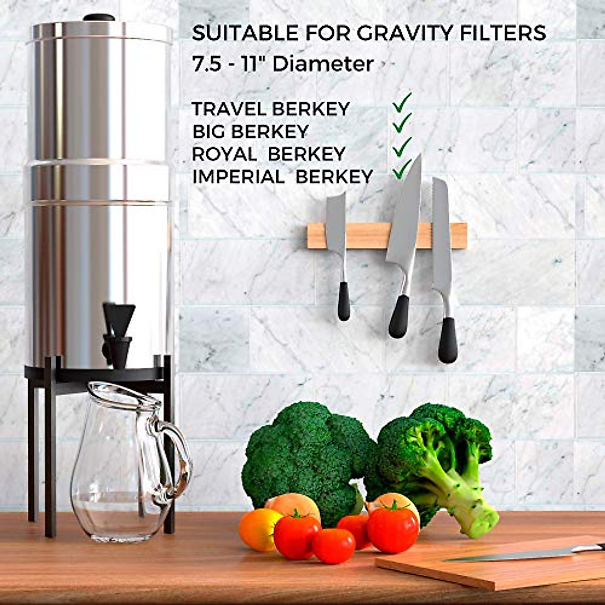 AUBURY Adjustable Water Filter Stand - 10" High Berkey Filter Compatible, Easy Fill Water Bottles, Pitchers, Glasses, Width and Feet Adjust to Fit Countertop Gravity Water Dispensers Medium