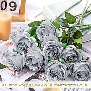50 Pcs Artificial Rose Flower Realistic Silk Roses with Stem Bouquet of Flowers Plastic Flowers Real Looking Fake Roses for Home Wedding Centerpieces Party Decorations (Silver)