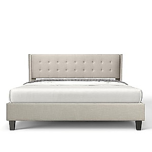 BONSOIR Queen Size Sand Color Bed Frame Upholstered Traditional Low Profile Platform with Wing Back Headboard