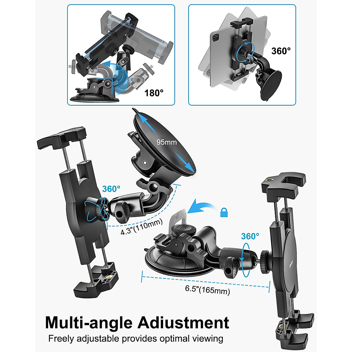 woleyi Car Tablet Holder Windshield - [95mm Strongest Suction Cup] Window Dashboard Car Tablet Mount for Trucks/Vehicles with 1/4'' Screw Tip, for 4.7-13" iPad Pro Air Mini, Galaxy Tab, iPhone, Camera