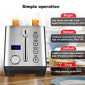 DOWYLIK Toaster 4 Slice, Extra-Wide Long Slot 4 Slice Toaster with Countdown Timer, Bagel/Reheat/Defrost/Cancel Functions, 6 Browning Setting, 1500W Brushed Stainless Steel