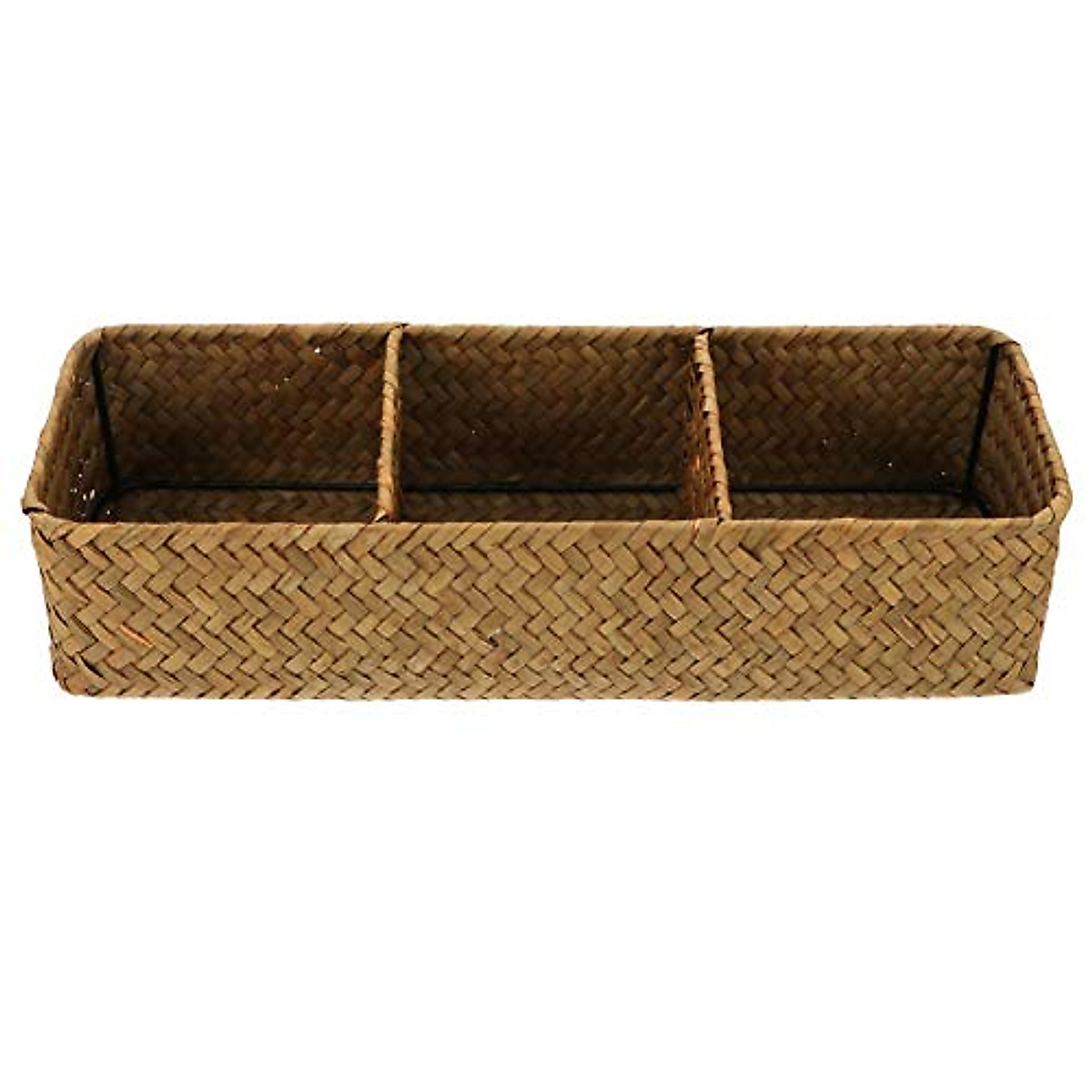 DOITOOL Sea Grass Basket Handwoven Water Hyacinth Storage Baskets 3- Section Wicker Cube Baskets Rectangular Sundries Organizer Caddy for Home Office