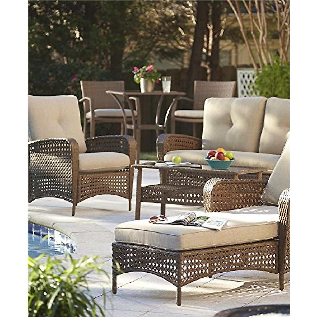 Cosco Outdoor 3 Piece High Top Bistro Lakewood Ranch Steel Woven Wicker Patio Balcony Furniture Set with Cushions, Brown