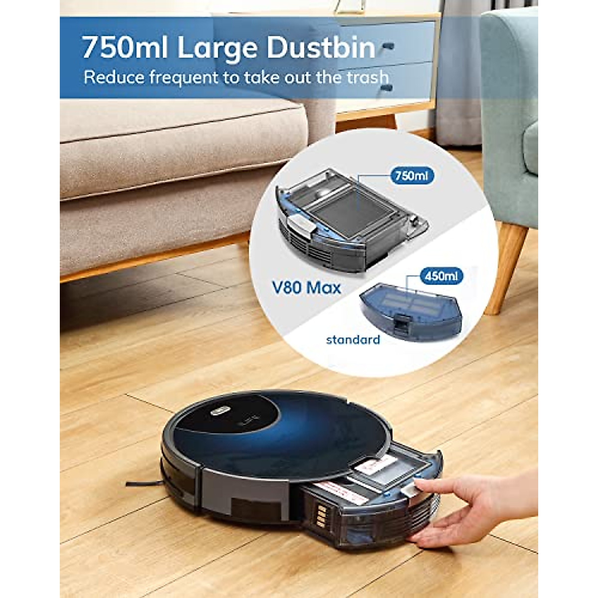 ILIFE V80 Max Mopping Robot Vacuum and Mop Combo - 2000Pa Suction Wi-Fi Automatic Vacuum Cleaner Robot Works with Alexa - 750ml Dustbin Robotic Vacuum Cleaner for Pet Hair Hardwood Floors Carpet