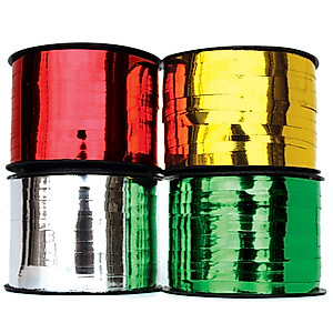 Xmas Ribbon - Christmas Ribbon Set of 4 Rolls Silver Red Green Gold Curling Ribbons Thin for Holiday Wrapping & Decoration