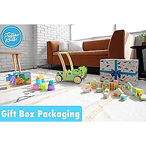 Pidoko Kids Wooden Baby Walker - Toys for 1 Year Old Boy Girl - Push Walker Toy for Babies - Includes Dinosaur Cart, 36 Pcs Building Blocks, Stacking Cups and Book - Learning Walker for Toddlers Gifts