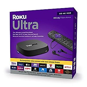 Roku Ultra 2022 4K/HDR/Dolby Vision Streaming Device and Roku Voice Remote Pro with Rechargeable Battery, Hands-Free Voice Controls, Lost Remote Finder, and Private Listening