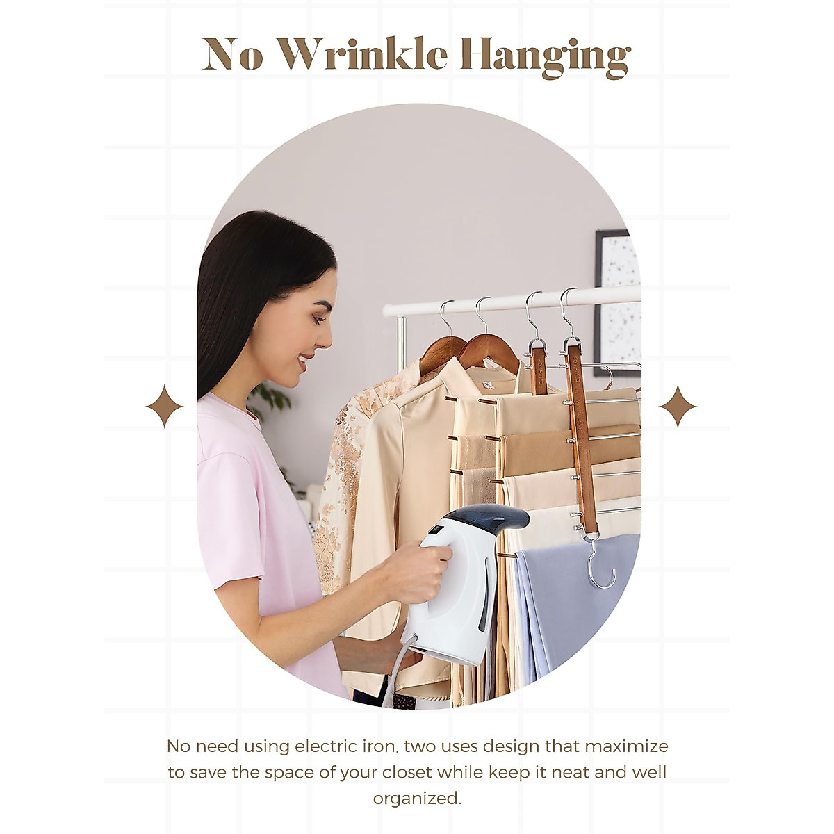 SMARTOR Pants Hangers Space Saving - 3 Pack Wood Jean Hangers for Closet Organizer - Jean Hangers Trouser Holder Closet Space Saving Hangers - Pants Organizer Hanger Space Saver Closet Organization