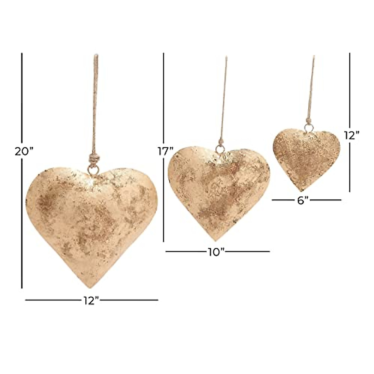Deco 79 Metal Heart Decorative Bell with Hanging Rope, Set of 3 20", 17", 12"H, Gold