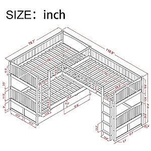 BOVZA Twin Over Twin L-Shaped Triple Bunk Beds with 2 Storage Drawers and 2 Ladders, Wood Bunk Beds with a Loft Attached for 3 Kids Teens, White