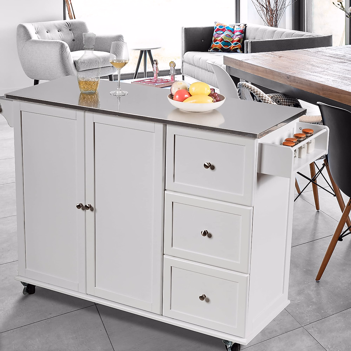 GLACER Kitchen Island Cart on Wheels, Rolling Kitchen Cart with Stainless Steel Countertop, Rolling Kitchen Island for Kitchen, Dining Room, Restaurant, 53 x 18 x 36 inches (White)