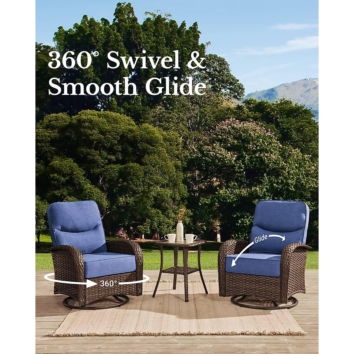 HILLGA Swivel Rocking Patio Chairs Set, 3-Piece Porch Set of 2 Chairs with 6" Thick Cushions & Small Side Table, Basic Vision (Blue)