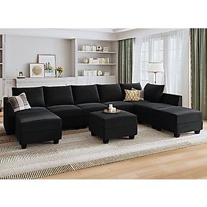 HONBAY Modular Sectional Sofa Set Oversized U Shaped Couch with Storage Ottoman Convertible Sleeper Sectional Sofa Velvet Modular Couch with Wide Chaise, Black