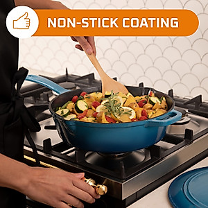 Bruntmor 5 Qt Turquoise Enamel Cast Iron Sauté Pan With Lid, 5 Quart Oven Safe Cast Iron Skillet, Cast Iron Grill Pan Set, Nonstick Cookware And Bakeware For Casserole Dish