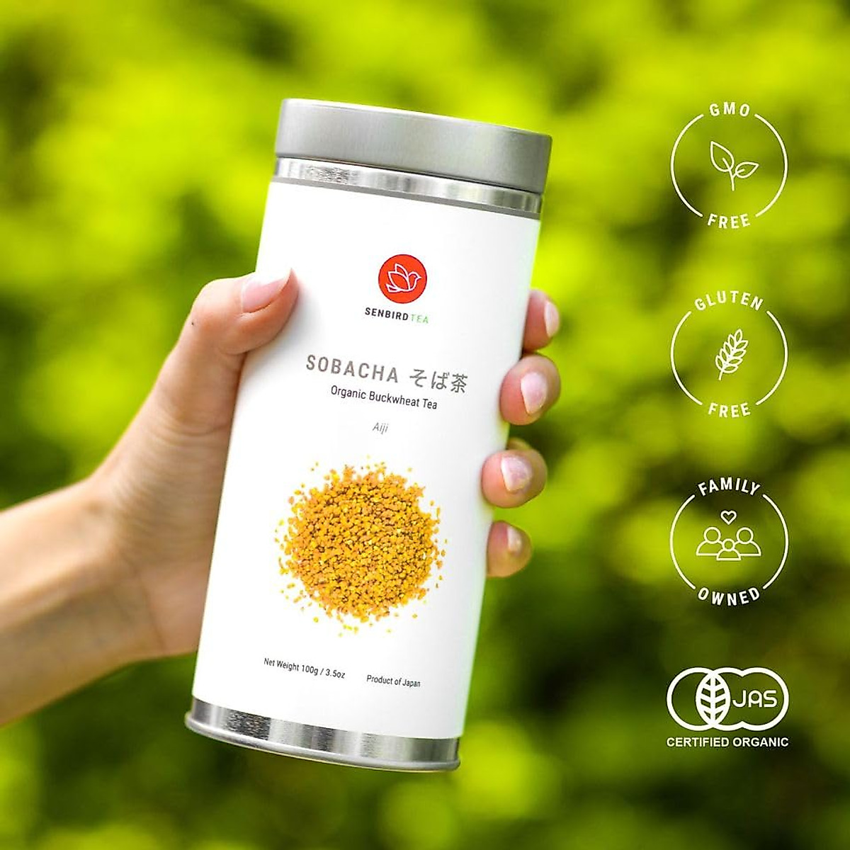 Senbird Organic Sobacha - Japanese Soba Buckwheat Tea - From Hokkaido, Japan - Loose Leaf Tea in Airtight Tea Tin (3.5oz/100g)