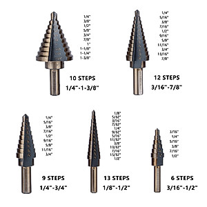Watris Veiyi Step Drill Bit Set, 5PCS HSS Step Bits for Metal Wood, 50 Sizes (1/8" to 1-3/8") Unibit Drill Bits Set with Aluminum Case