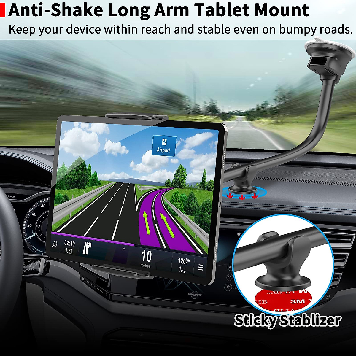APPS2Car Tablet Car Mount for iPad Truck Holder Long Arm Extension Strong Suction Cup Windshield Mount for 7-11 Inch Tablet iPad Pro Air Mini iPhone
