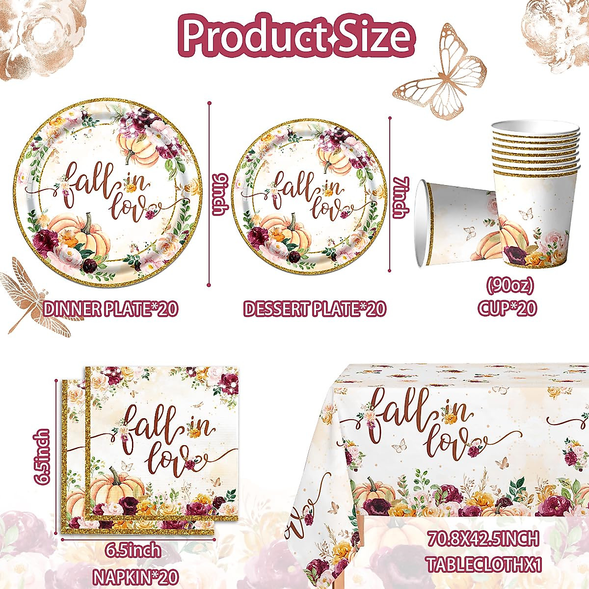 Fall in Love Bridal Shower Decorations,Fall Floral Pumpkin Disposable Tableware Set Includes Fall Dinner Plate,Tablecloths,Cup for Bridal Shower,Anniversary,Wedding Decorations