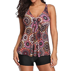 Yonique Women 2 Piece Flowy Tankini Swimsuits with Boyshorts V Neck Swim Tank Tops Bathing Suits Modest Swimwear Mandala XXL