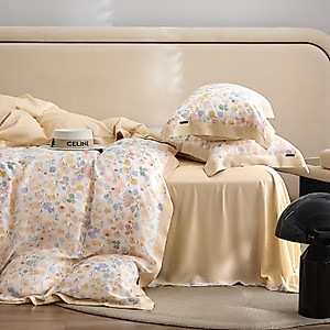 AMZTOP Super Soft Cooling Duvet Cover Queen Size Set, 100% Lyocell Yellow and Colorful Floral Comforter Cover with Zipper Closure (1 Duvet+2 Pillowcases), Tencel Silk Smooth and Soft Bedding Set