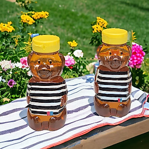 Nakpunar 18 Pack 8 fl oz Plastic PET Honey Bear Jars, Squeeze Bottles with Yellow Flip-Top Dispenser Caps w/Seals - Holds 12 oz Honey by Weight - BPA Free, Refillable and Made in USA