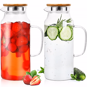 2 Pcs Glass Pitcher Water Pitcher with Lid Hot Cold Water Pitcher Bedside Water Carafe with Handle Heat Resistant Borosilicate Glass Jug for Fridge Beverage Carafe (68 oz,Stainless Steel, Bamboo)