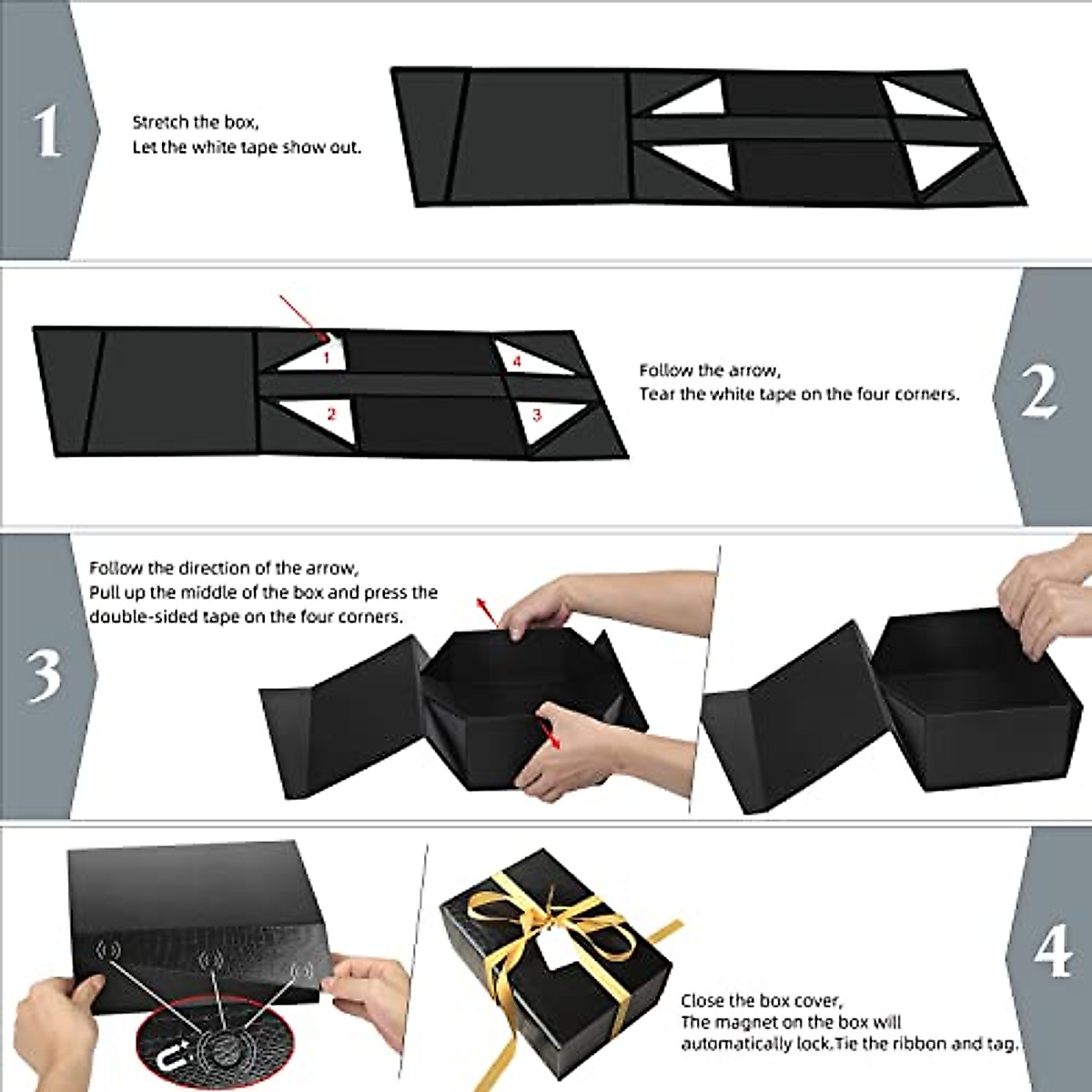 Dwbligt Elegant Black Gift Boxes 2 Pack 13.5x8.5x4.5 Inch, Crocodile Leather Paper Gift Box for Bridesmaid Proposal Box, Groomsmen Proposal Box, Birthday Party Box, Christmas Box(3 Powerful Magnet for Each Box) - Extra 2 Ribbons, 2 Tags, 2 Cards