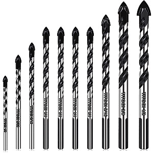 Professional Masonry Drill Bit Set (10PCS) for Glass/Brick/Plastic/Cement/Wood/Tile/Etc, Industrial Strength Carbide Drill Bit Tip, 1/8"-1/2" by TITGGI