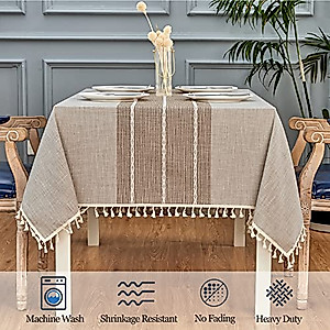 Mebakuk Rectangle Table Cloth Linen Farmhouse Tassel Tablecloth Wrinkle Free and Dust-Proof Decorative Embroidered Fabric Table Cover for Kitchen (Oblong 55" x 70" (4-6 Seats), Coffee Stripe)