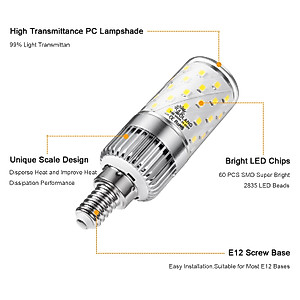 Aolang E12 LED Bulbs,12W LED Candelabra Bulbs,100 Watt Equivalent, Daylight White 6000K Chandelier Bulbs, E12 Base Ceiling Fan Light Bulbs, 85V-265V, 1000Lumen Corn Bulbs, Non-Dimmable (4 Pack)