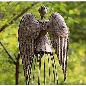 Antiqued Metal Garden Angel Statue with Star Wand, Indoor Outdoor Yard Art Decor Lawn Patio Decorations Holiday Present Idea, 26inH (Star Wand)