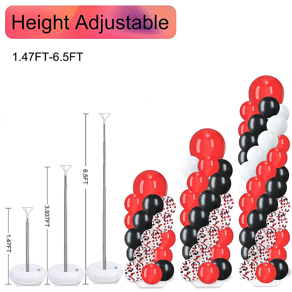 2 Sets Balloon Column Stand Kit with 100 Balloons 6 Ft Adjustable Balloon Stands Kit for Floor Red Black White Balloons Arch Column for Shower Birthday Graduation Racing Car Poker Card Decorations