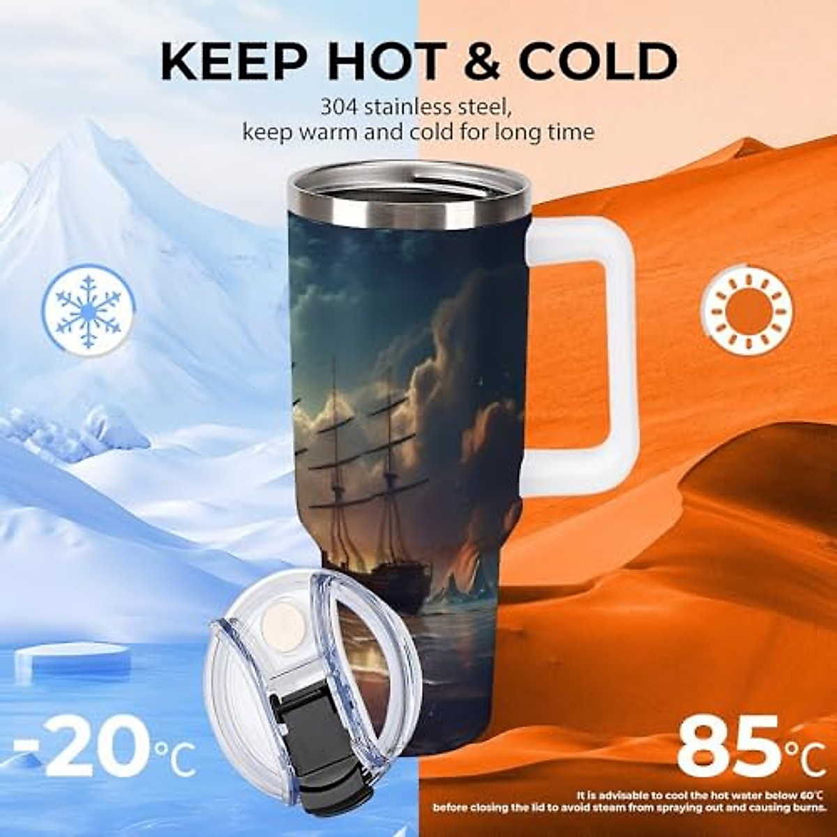 40 Oz Sailing Ship Insulated Stainless Steel Tumbler with Handle & Straw Lid, Reusable Travel Cupholder Friendly Mug for Coffee, Water, Tea