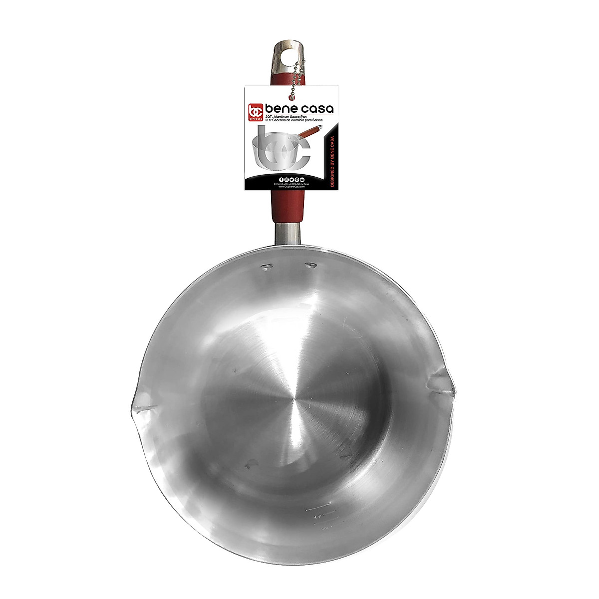 Bene Casa - Aluminum Double Spout Saucepan with Natural Wooden Handle (13" x 3.5" - 2 Quart) - Handle Includes Hanging Loop for Simple Storage - Dishwasher Safe